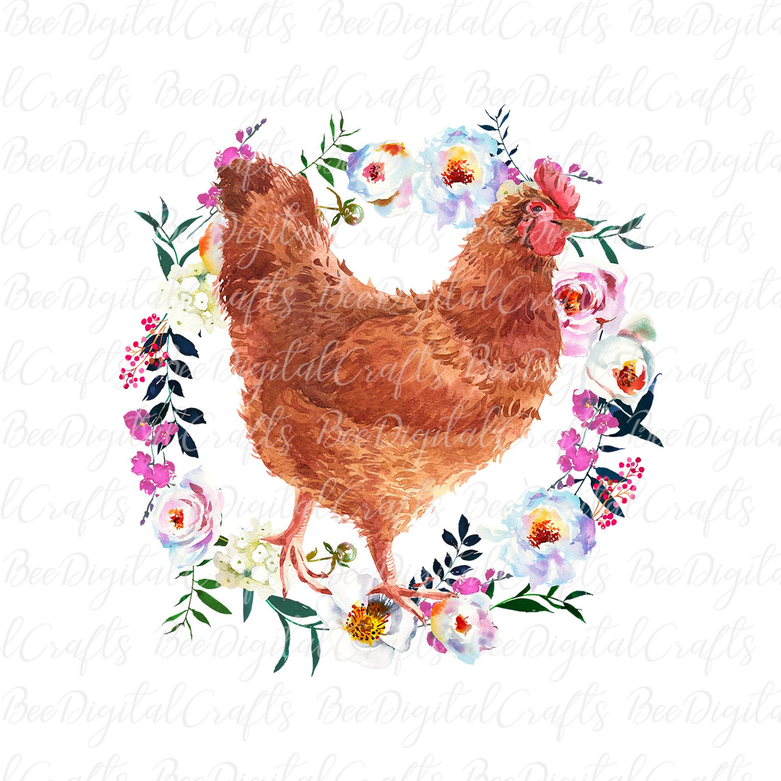 Chicken Flowers PNG Sublimation Design Watercolor Chicken PNG Download ...