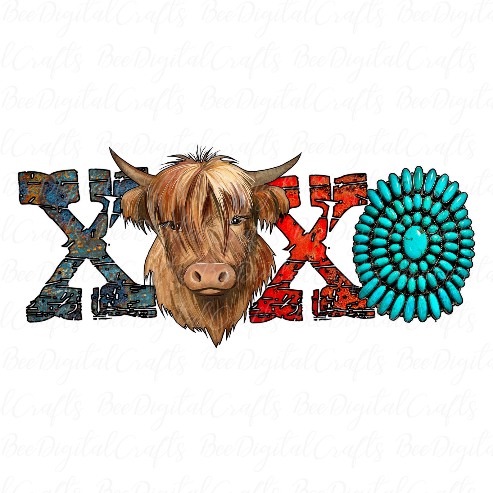 Xo Xo Turquoise and Highland Cow PNG Download Valentine's - Etsy
