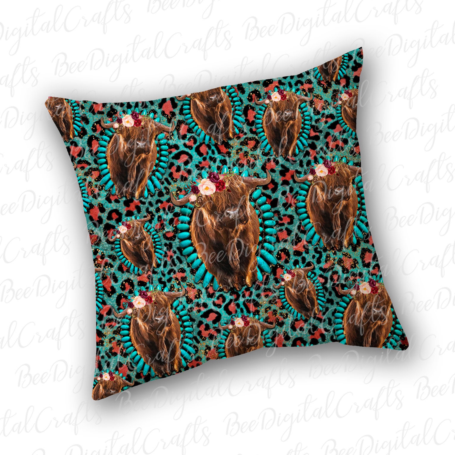 Highland Cow and Turquoise Background Leopard Print PNG File - Etsy