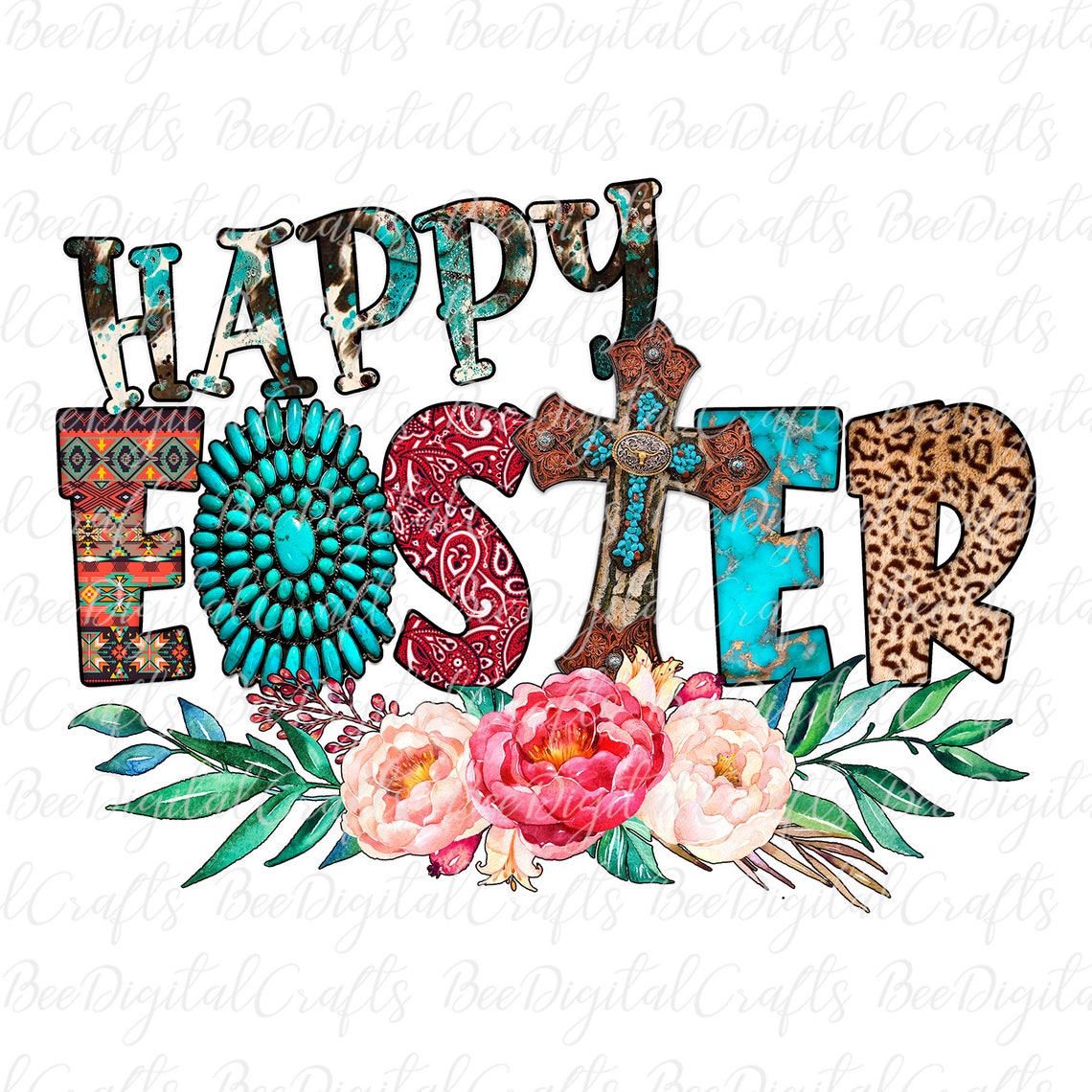 Happy Easter Sublimation Design Cross and Turquoise PNG - Etsy