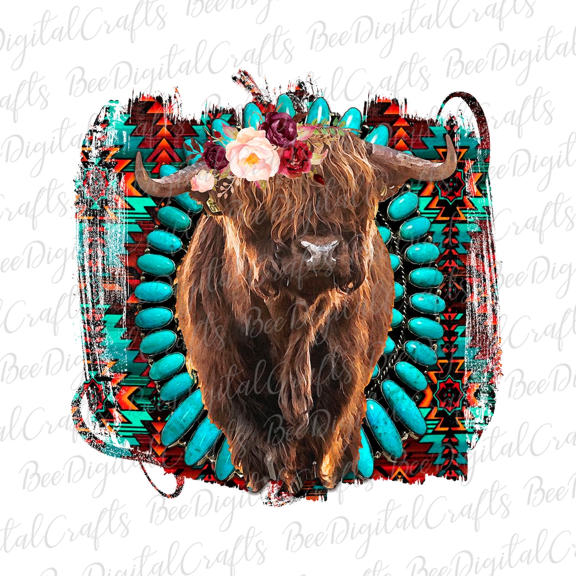 Highland Cow With Turquoise PNG Download Aztec Sublimation - Etsy