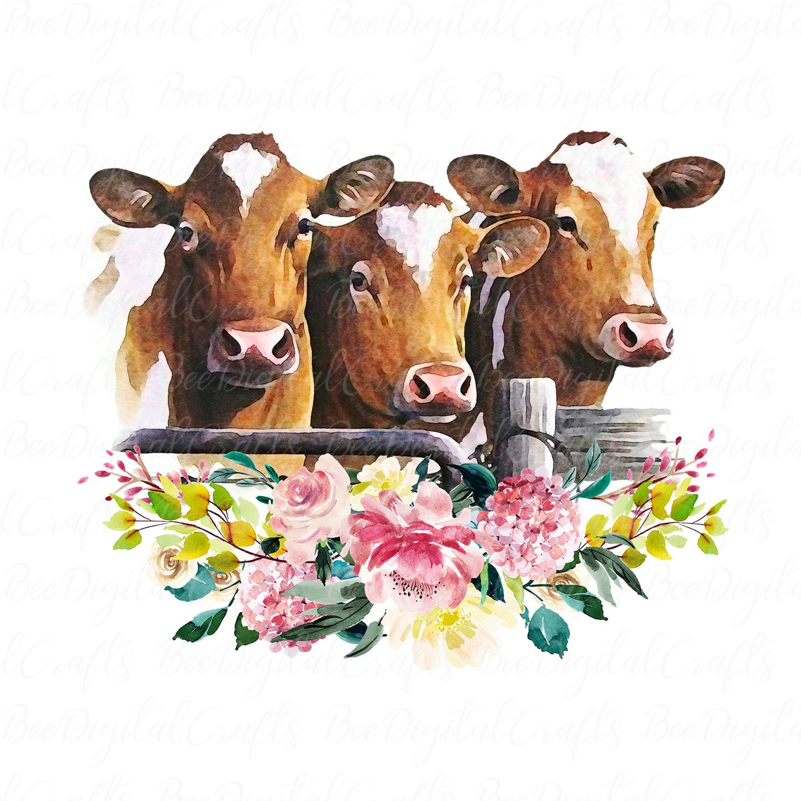 Watercolor Floral Cows Sublimation Graphic Farm Animals With - Etsy