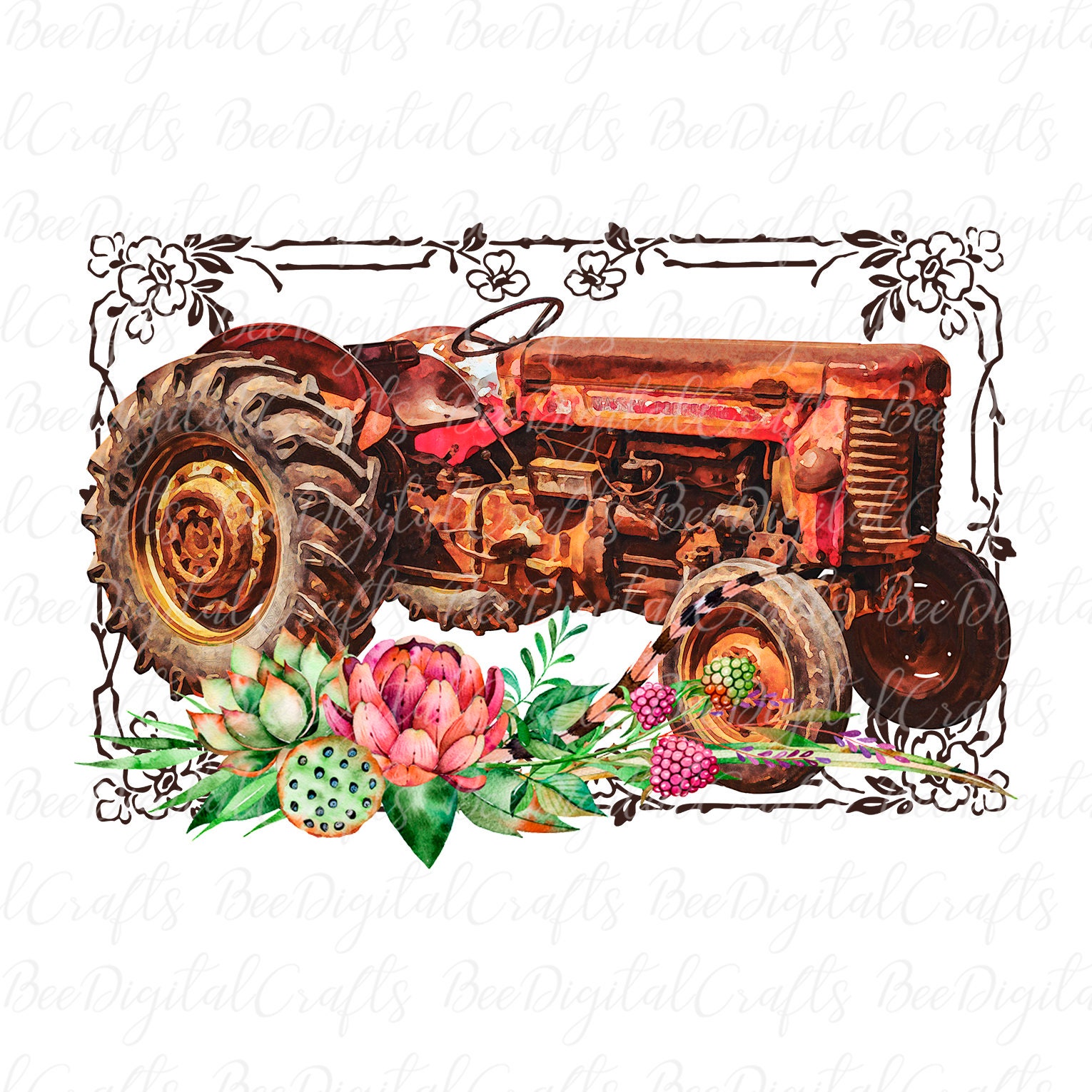 Tractor PNG Sublimation Design Watercolor Flower Farm | Etsy