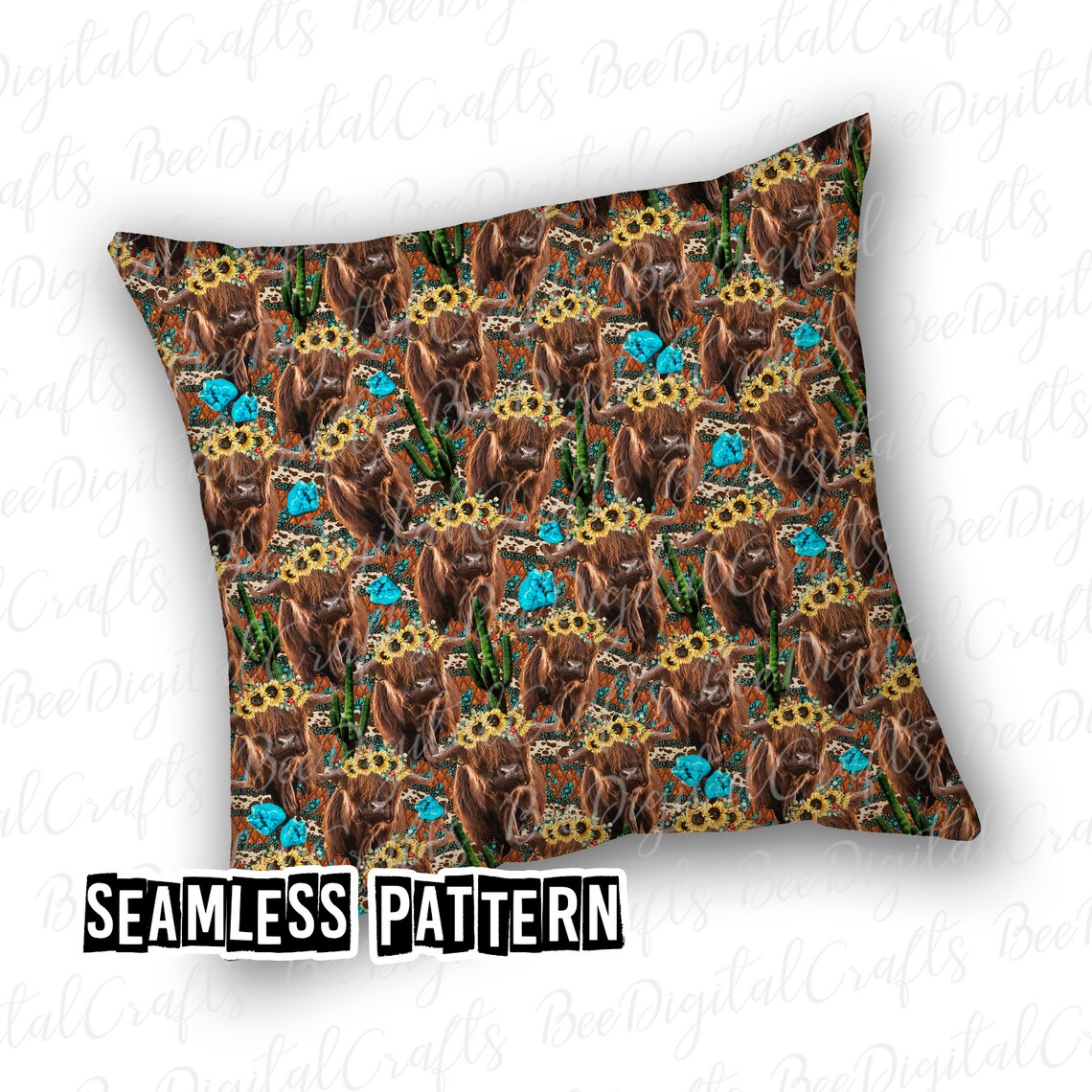 SEAMLESS Pattern Highland Cow With Sunflower Design Cactus - Etsy