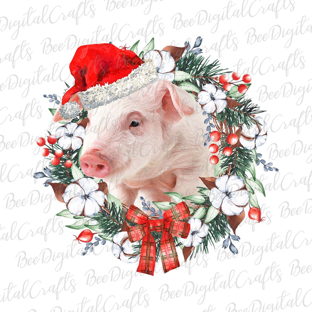 Christmas Pig PNG Download Farm Animal With Flower Wreath Sublimation ...