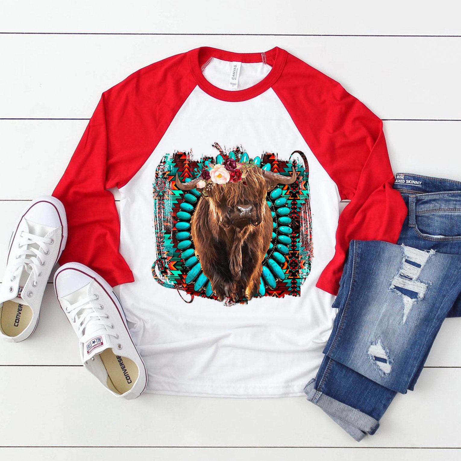 Highland Cow With Turquoise PNG Download Aztec Sublimation Graphic ...