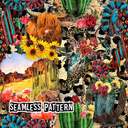 SEAMLESS Pattern Cowhide Sunflower Western Rustic Digital - Etsy