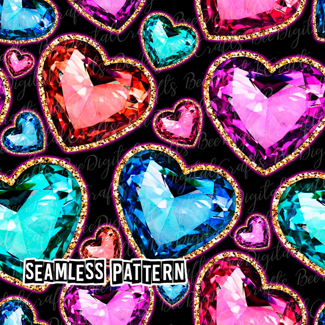SEAMLESS Pattern Crystal Heart With Black Background Neon Colorful ...
