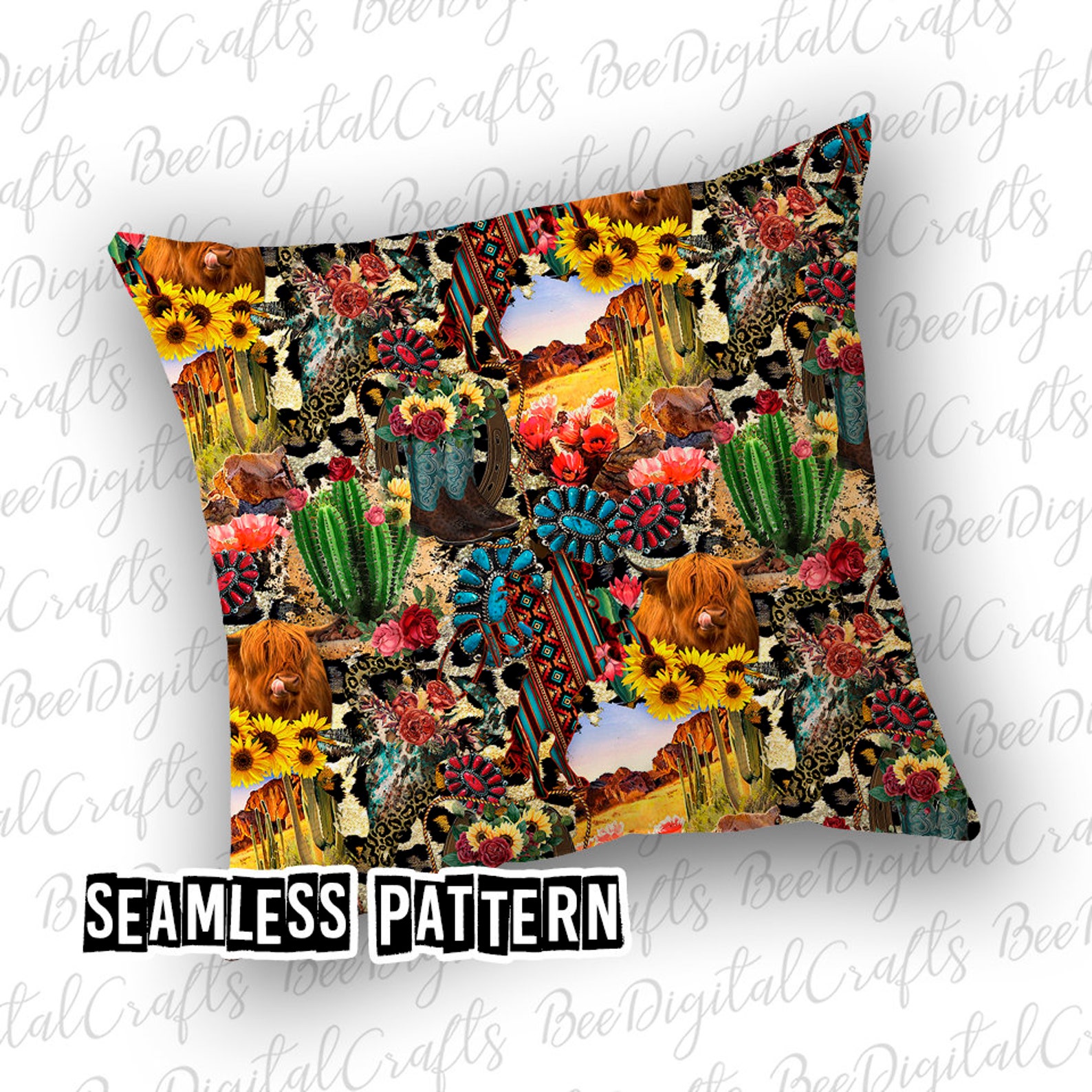 SEAMLESS Pattern Highland Cow Sunflower Western Rustic Digital | Etsy