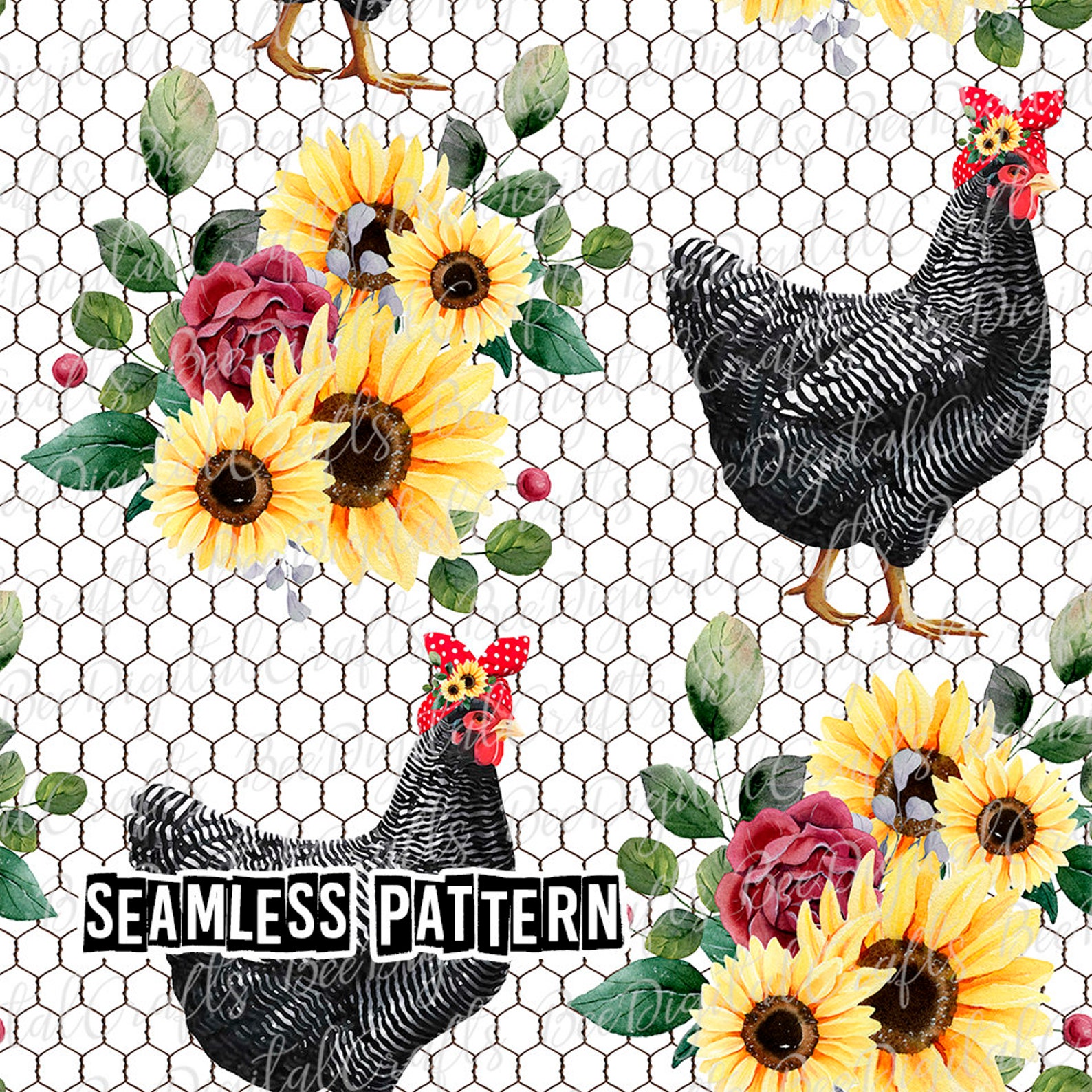 SEAMLESS Pattern Chicken With Sunflower Farm Animal Digital - Etsy