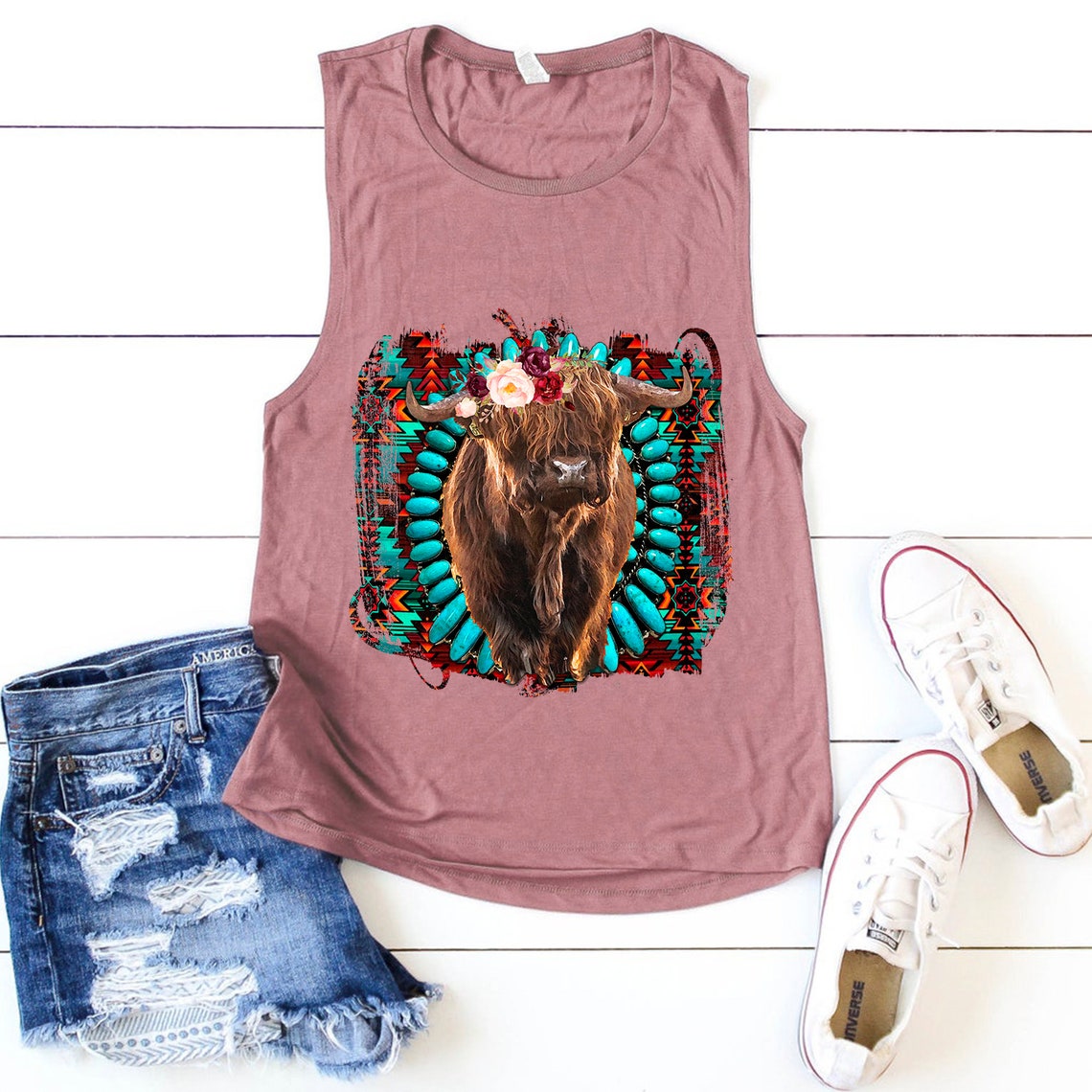Highland Cow With Turquoise PNG Download Aztec Sublimation - Etsy