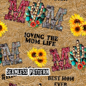 SEAMLESS Pattern Loving the Mom Life Western Turquoise Cactus Digital ...