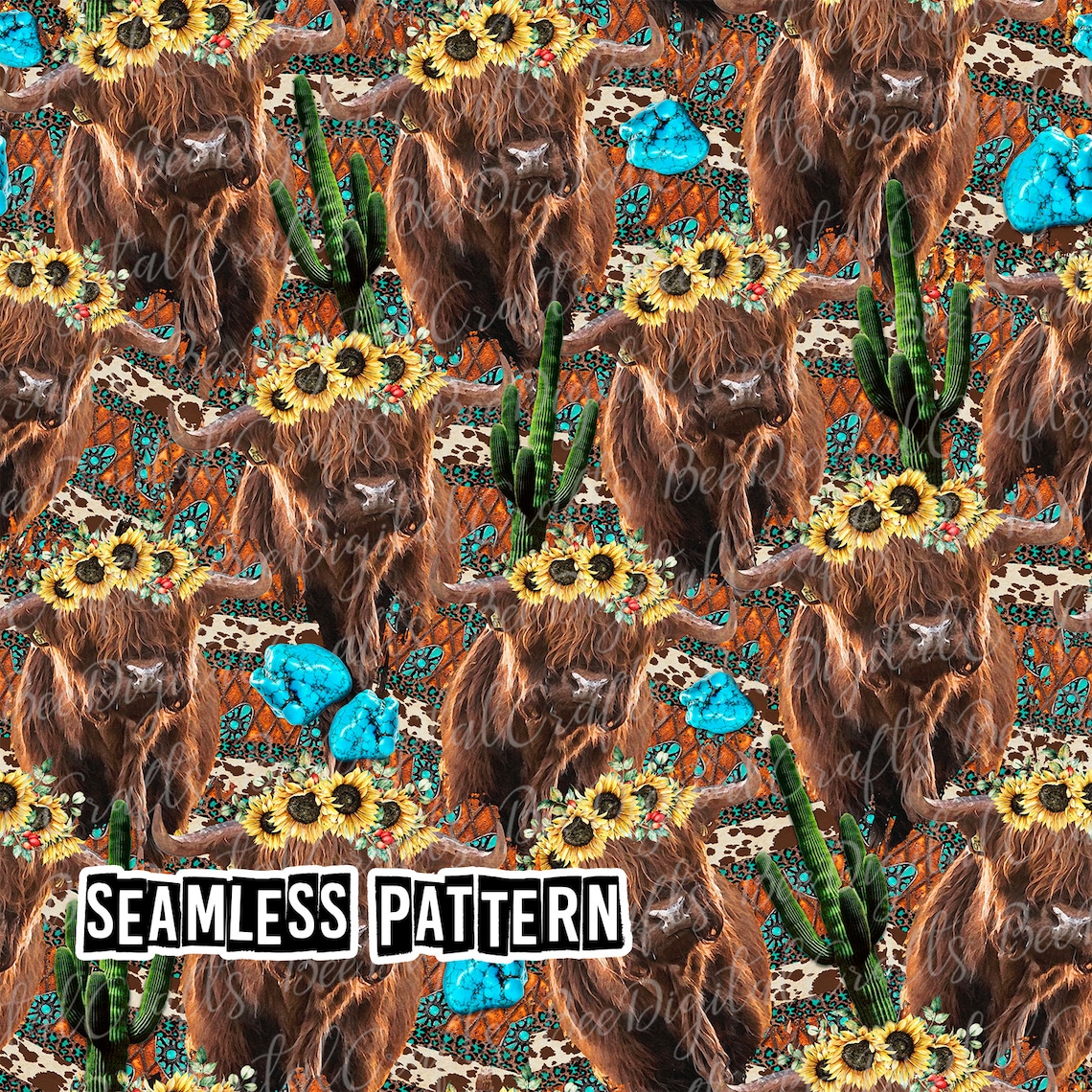 SEAMLESS Pattern Highland Cow With Sunflower Design Cactus - Etsy