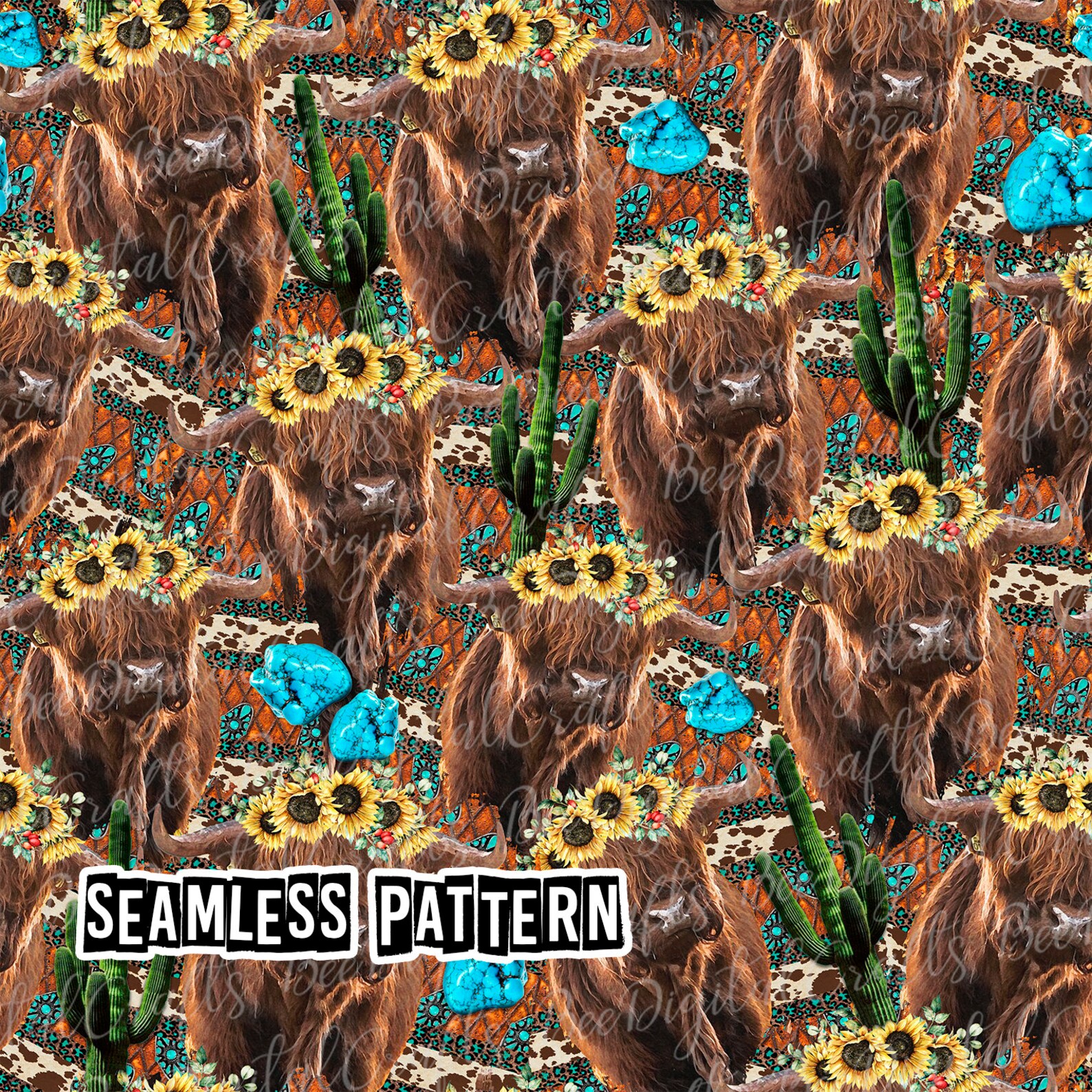 SEAMLESS Pattern Highland Cow With Sunflower Design Cactus - Etsy