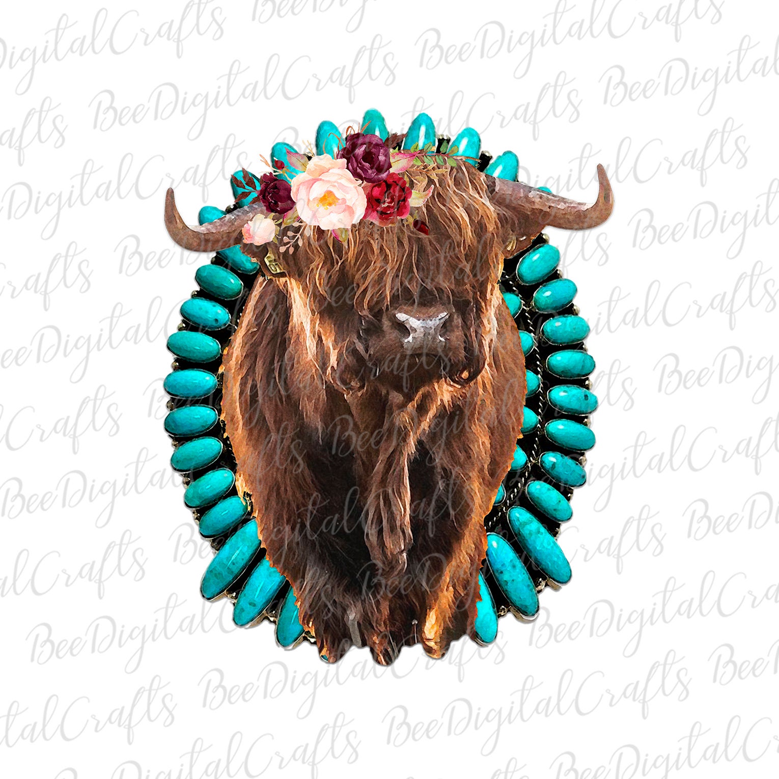 Highland Cow Western PNG Sublimation Design Turquoise PNG Transfer ...