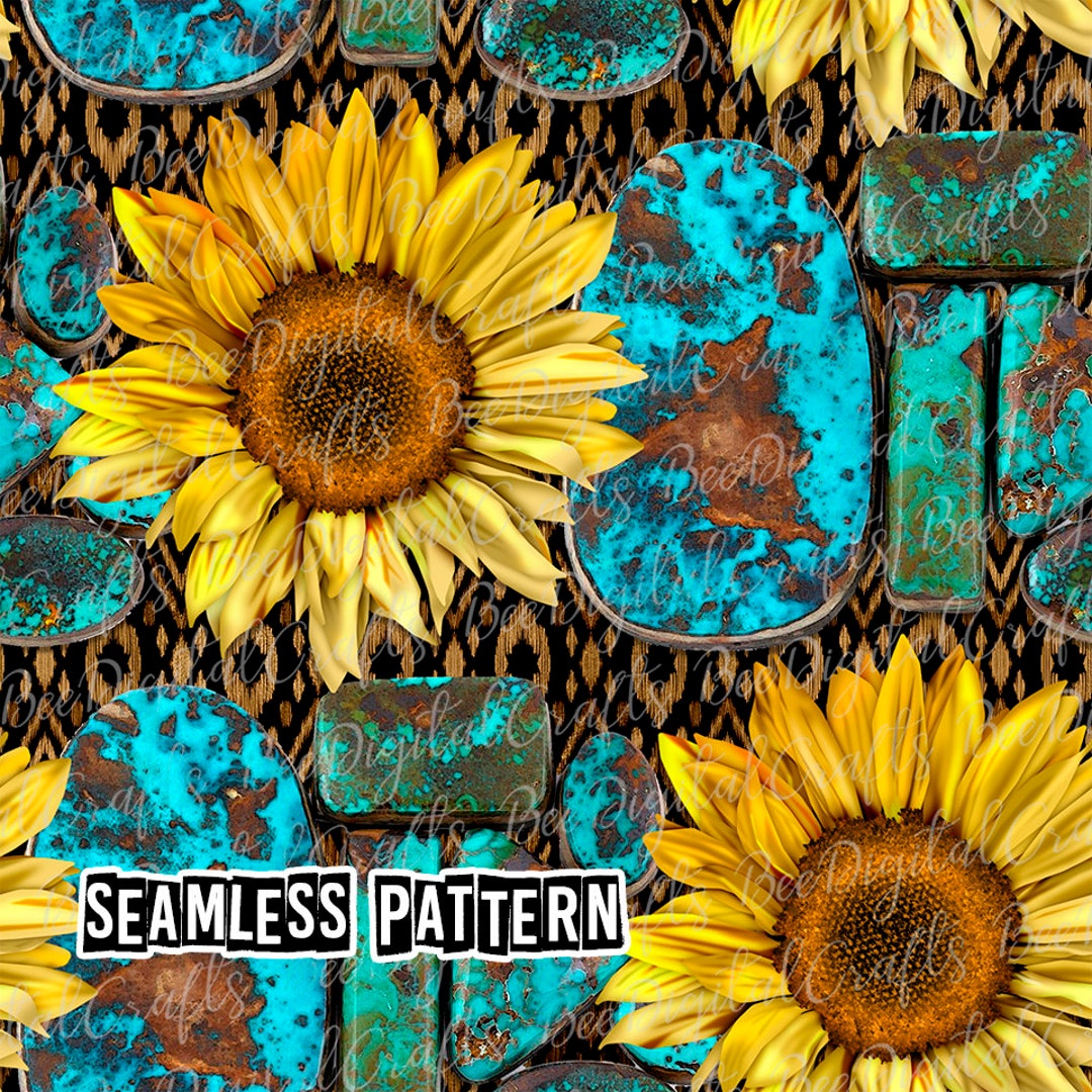 SEAMLESS Pattern Turquoise and Sunflower Western Digital Fabric Design ...