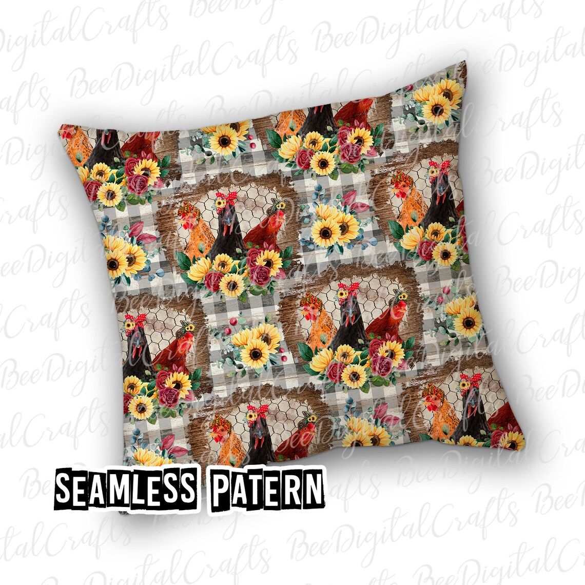 SEAMLESS Pattern Chicken in Bandana With Sunflower Design Farm - Etsy