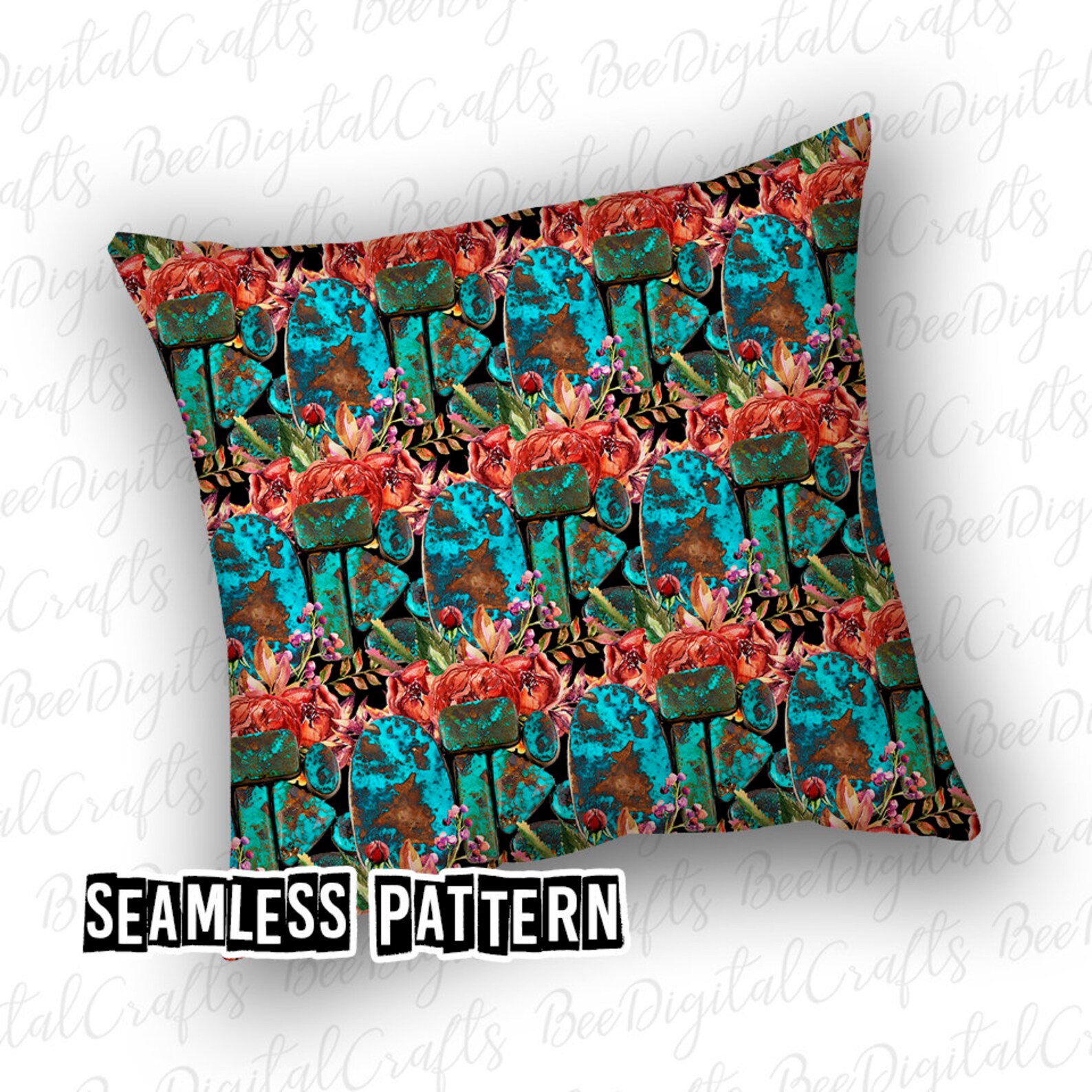 SEAMLESS Pattern Turquoise and Flower Western Digital Fabric - Etsy