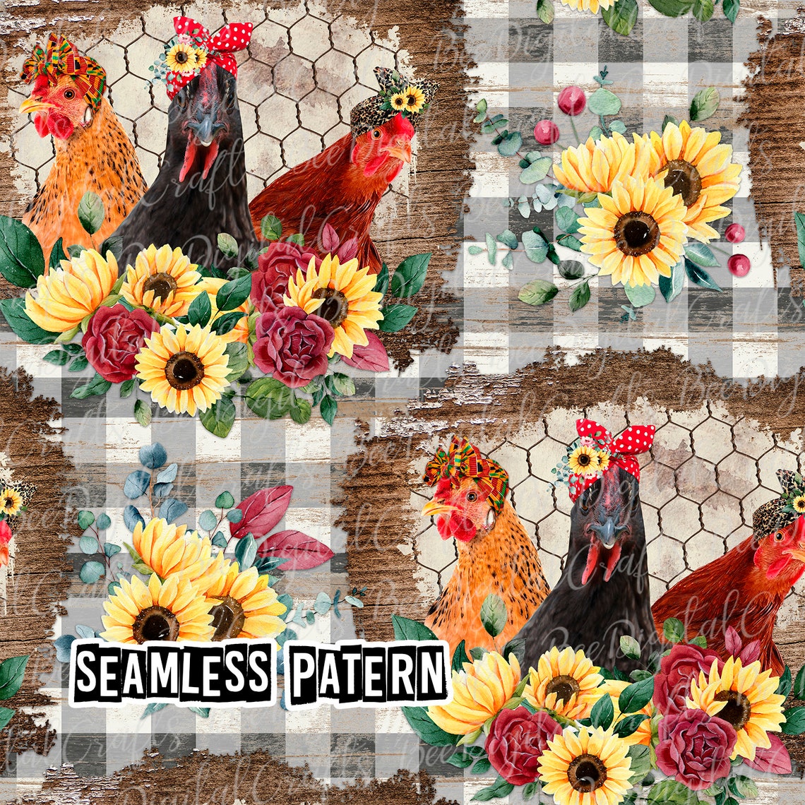 SEAMLESS Pattern Chicken in Bandana With Sunflower Design Farm - Etsy