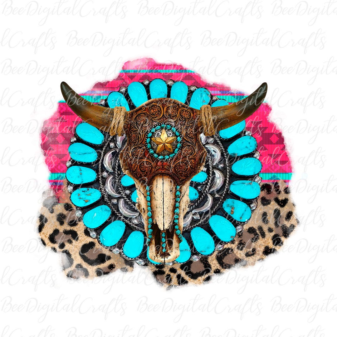 Turquoise Cow Skull Leopard Print PNG Sublimation, Digital Download ...