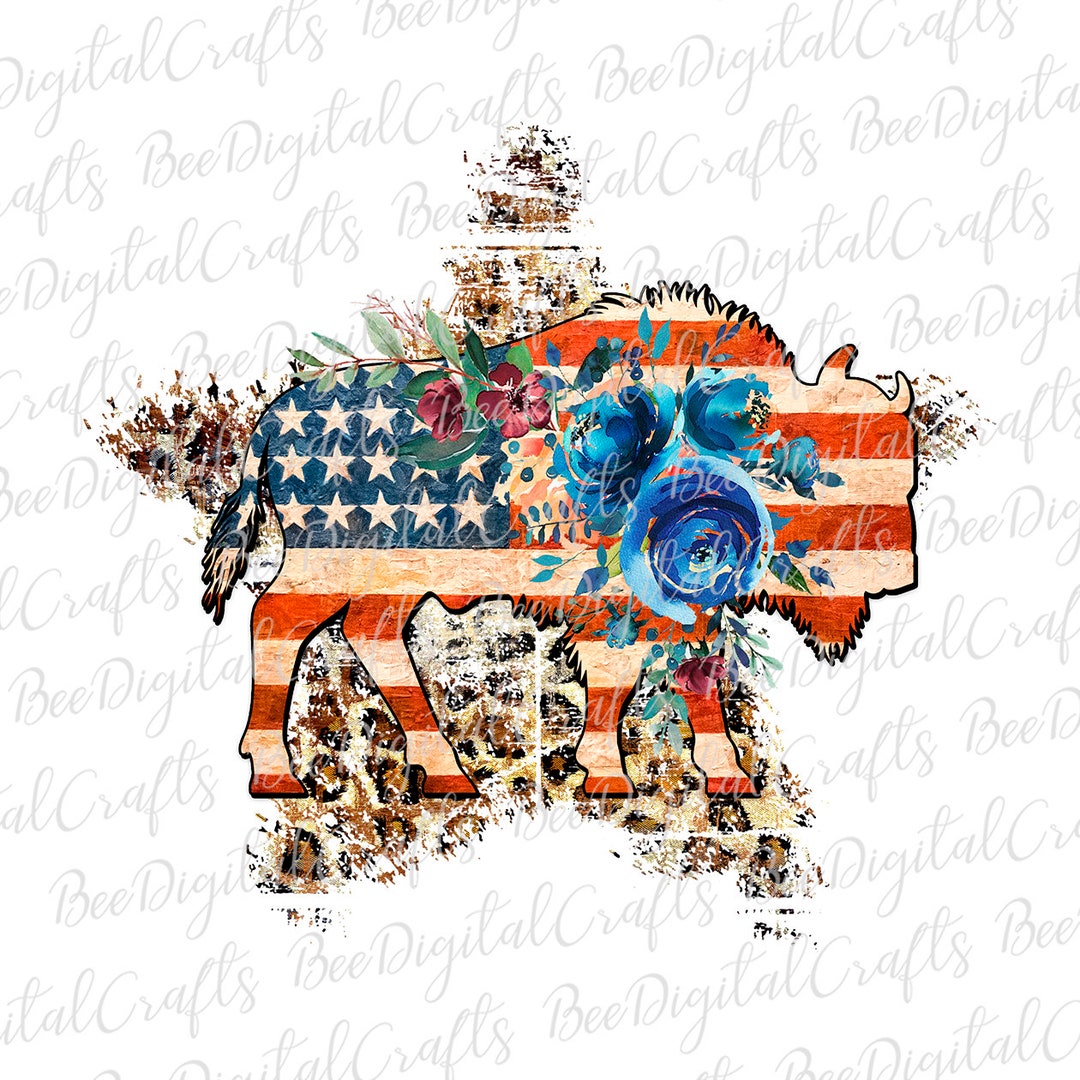 Bison With Flower and USA Flag Sublimation Design Leopard Print Star ...