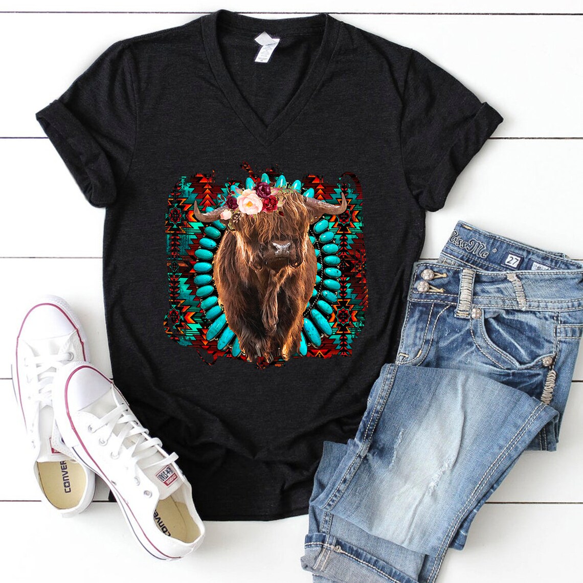 Highland Cow With Turquoise PNG Download Aztec Sublimation - Etsy