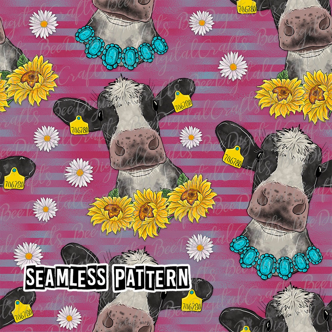 SEAMLESS Pattern Cow With Sunflower and Turquoise Design Hand Drawn ...