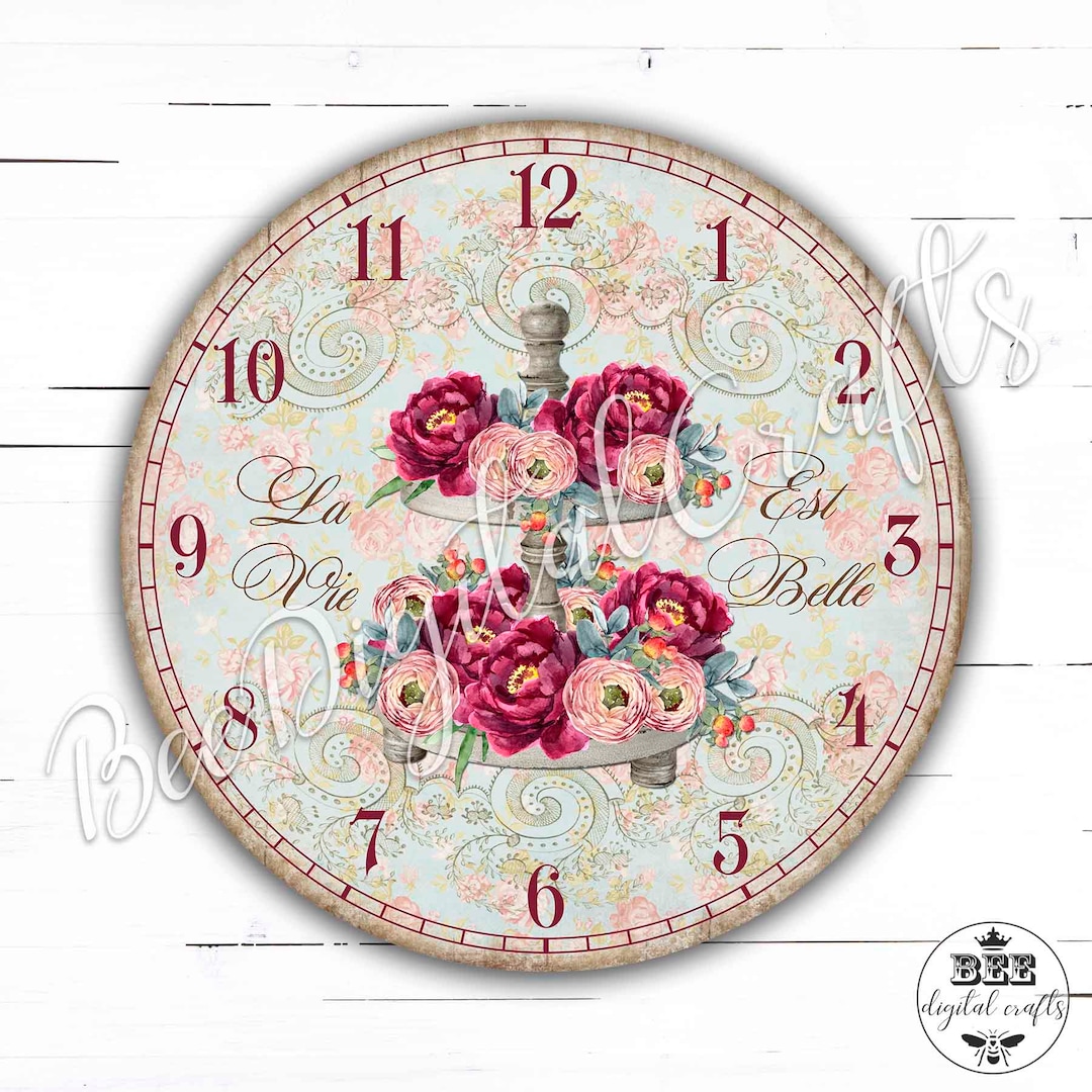 12 Inch Floral Clock Face Large Round Printable Image Digital Collage ...
