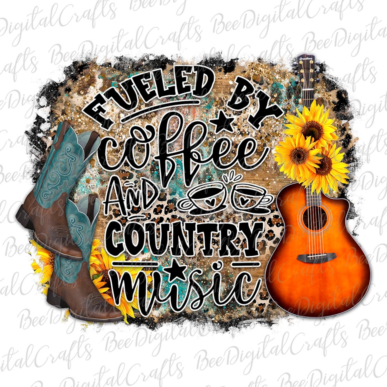 Western Sublimation Design Fueled by Coffee and Country Music - Etsy