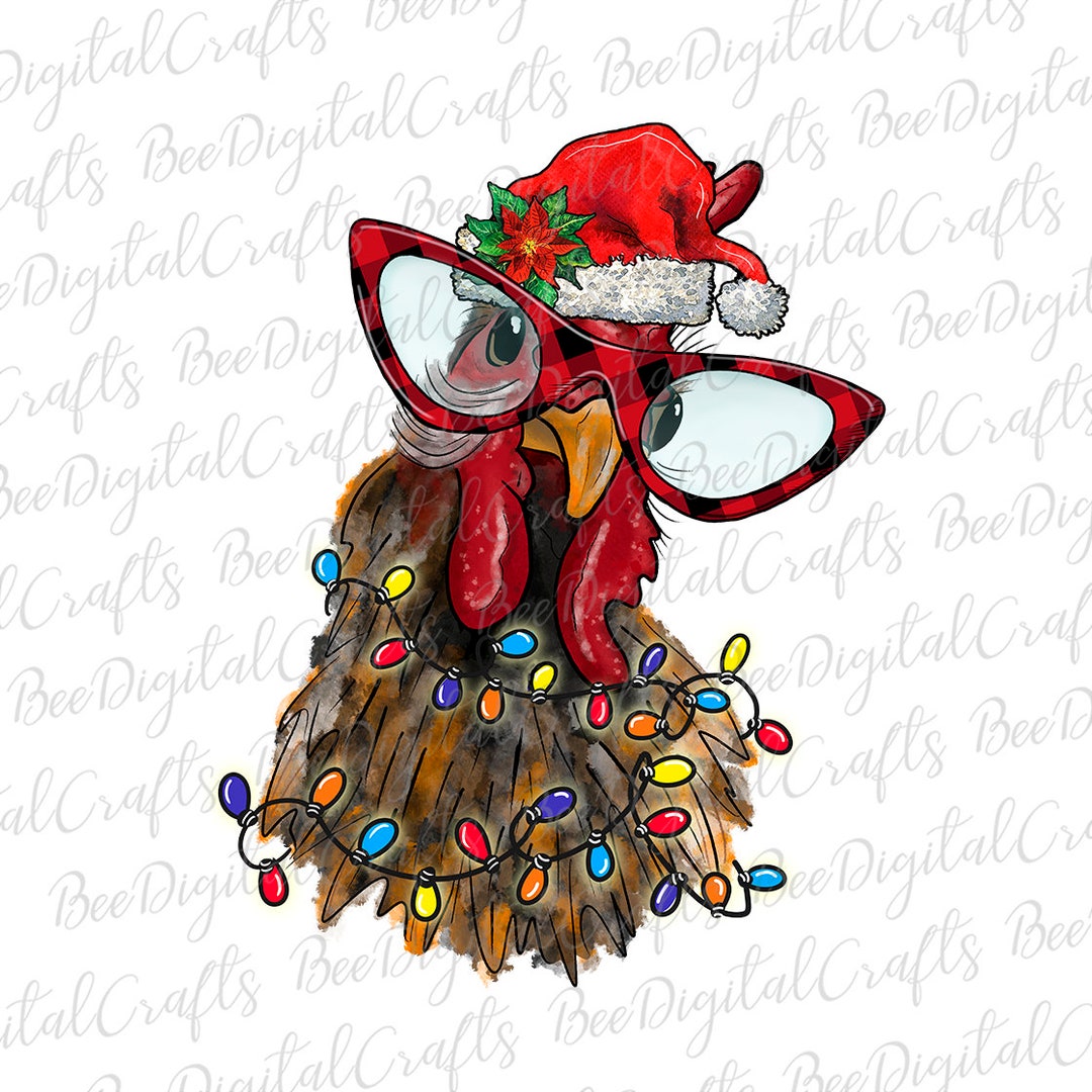 Christmas Chicken With Glasses and Santa Hat PNG Download Watercolor ...