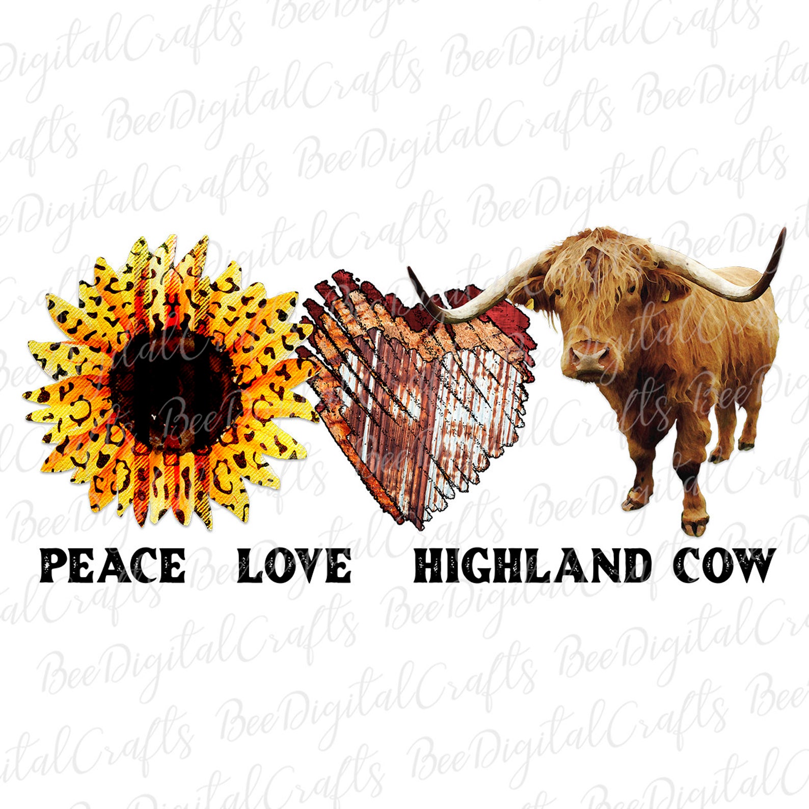 Peace Love Highland Cow PNG Download Western Sublimation Dsign - Etsy