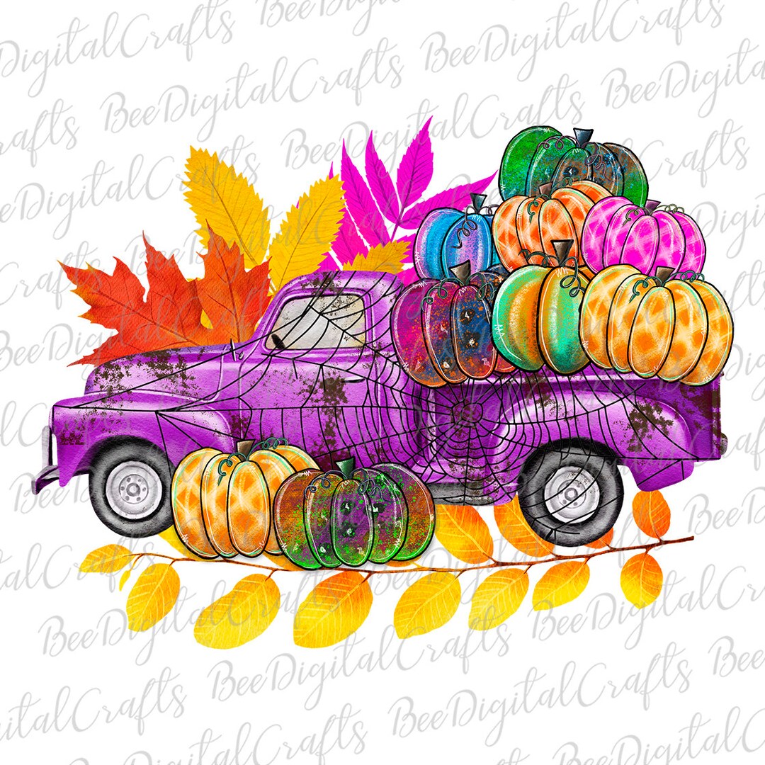 Fall Truck With Pumpkin Sublimation Design Hand Drawn Watercolor Autumn ...