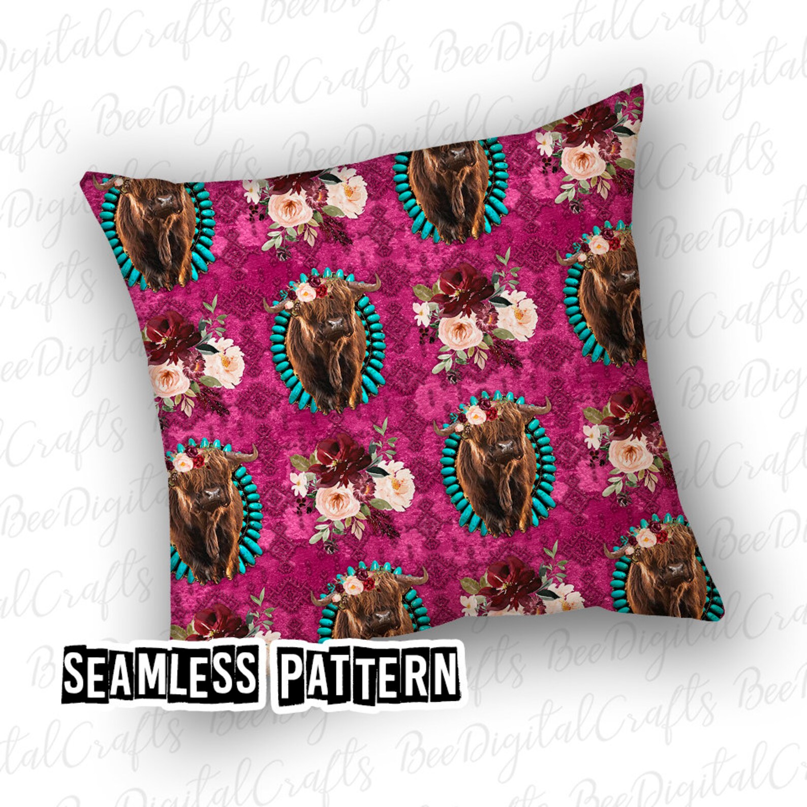 SEAMLESS Pattern Flower Highland Cow With Turquoise Aztec Hot Pink ...