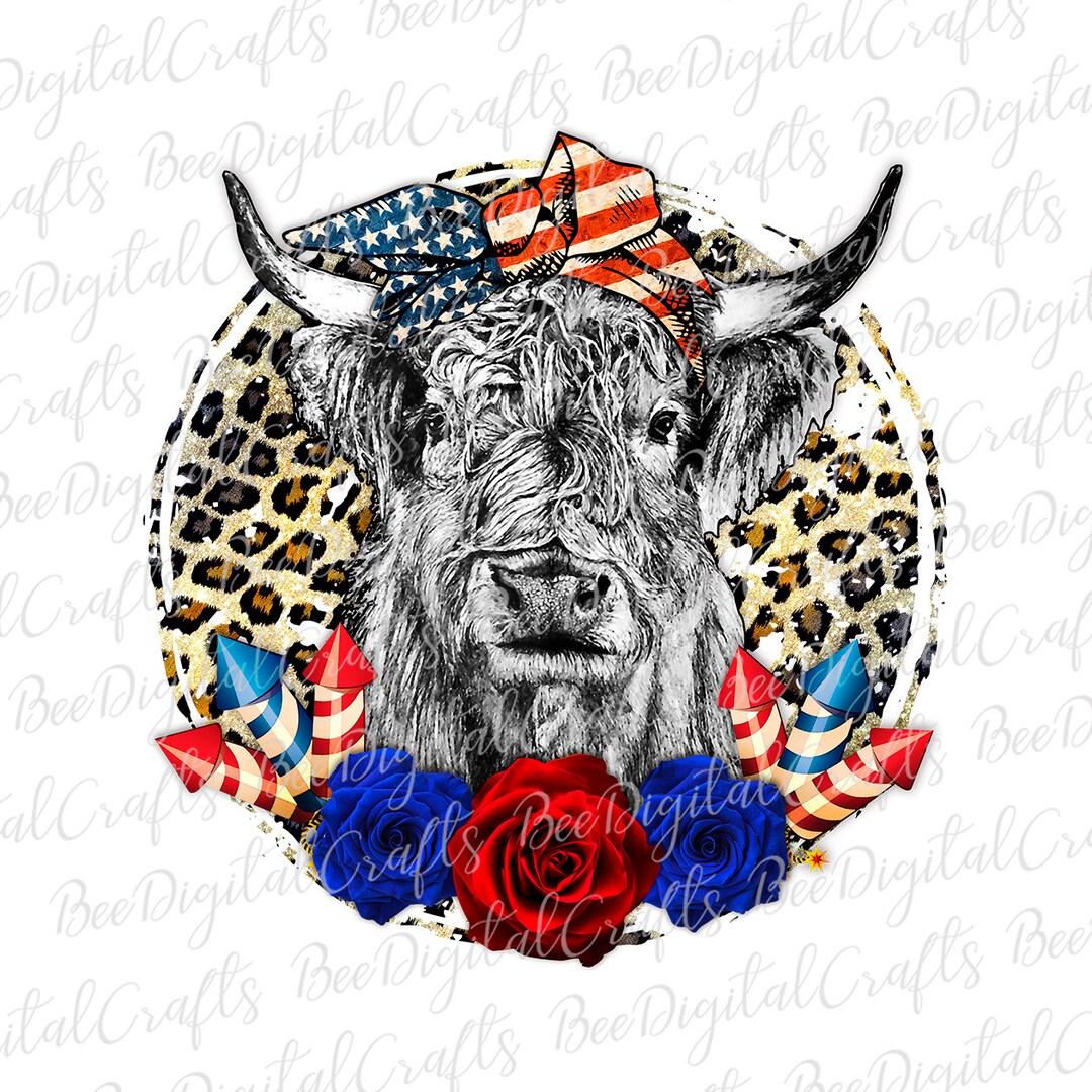 USA Highland Cow Sublimation Design American Flag Flower Firework PNG ...