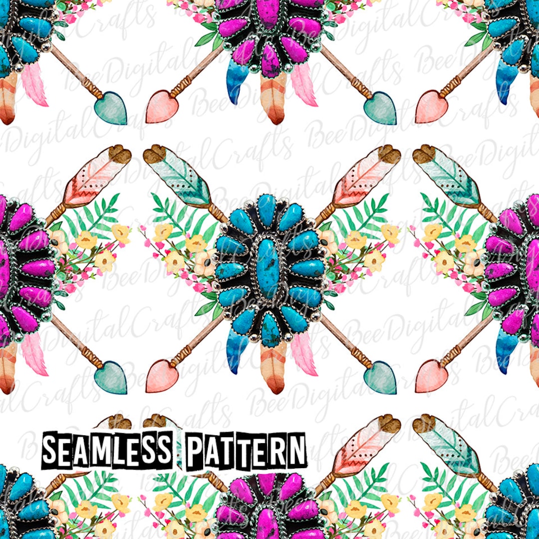 SEAMLESS Pattern Bohemian Turquoise With Flower Western Digital Fabric ...