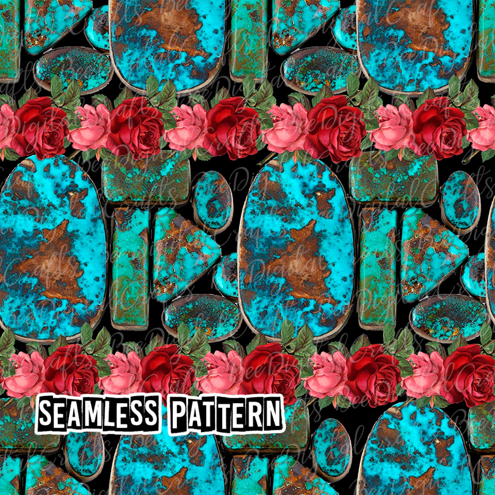 SEAMLESS Pattern Turquoise and Rose Western Digital Fabric - Etsy