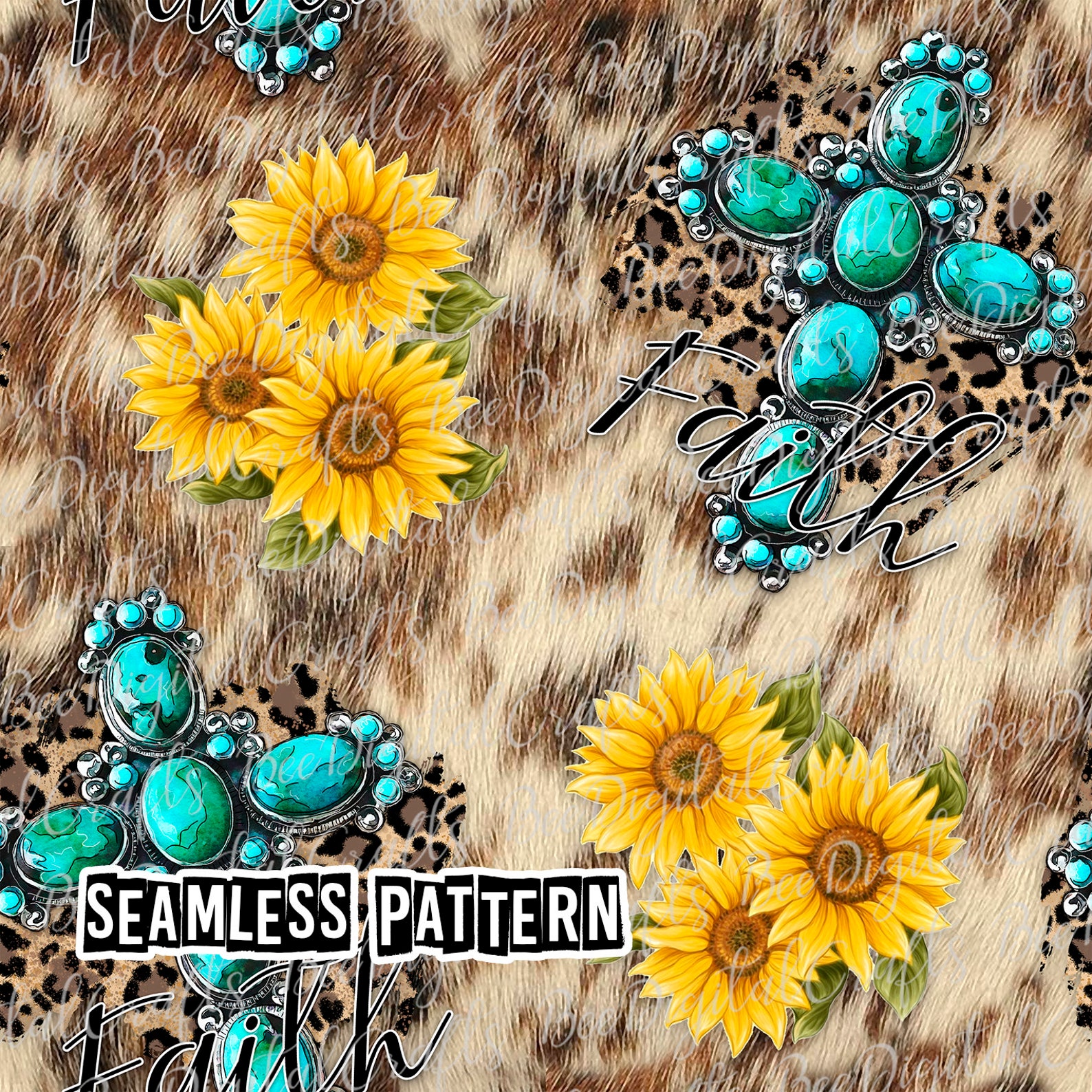 SEAMLESS Pattern Turquoise Cross and Sunflower Design Western - Etsy