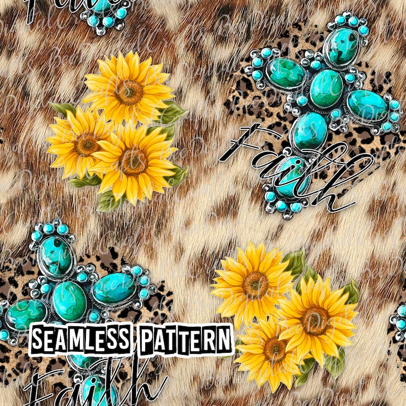 SEAMLESS Pattern Turquoise Cross and Sunflower Design Western - Etsy