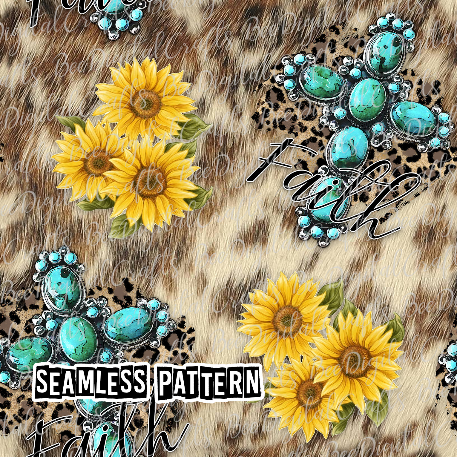 SEAMLESS Pattern Turquoise Cross and Sunflower Design Western - Etsy