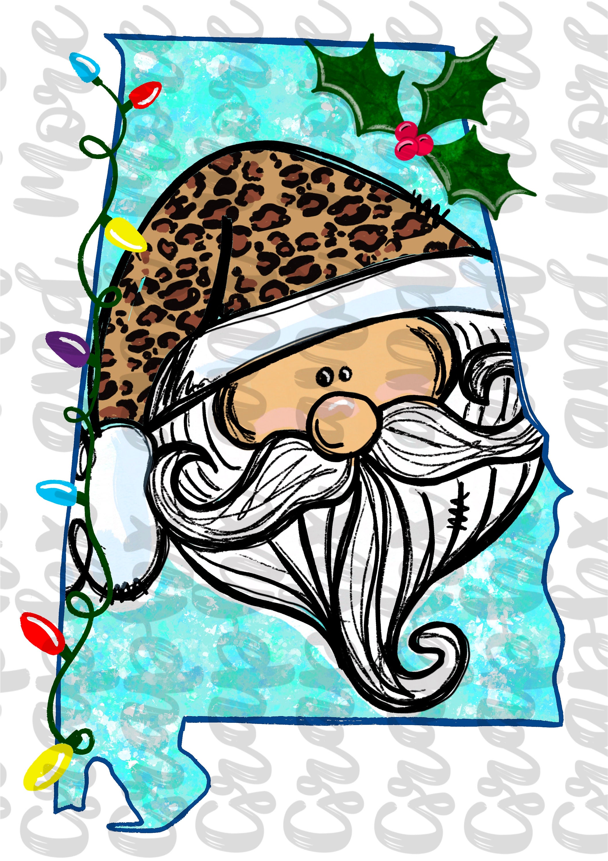 Alabama Leopard Santa With Lights PNG | Sublimation Design | Hand Drawn ...