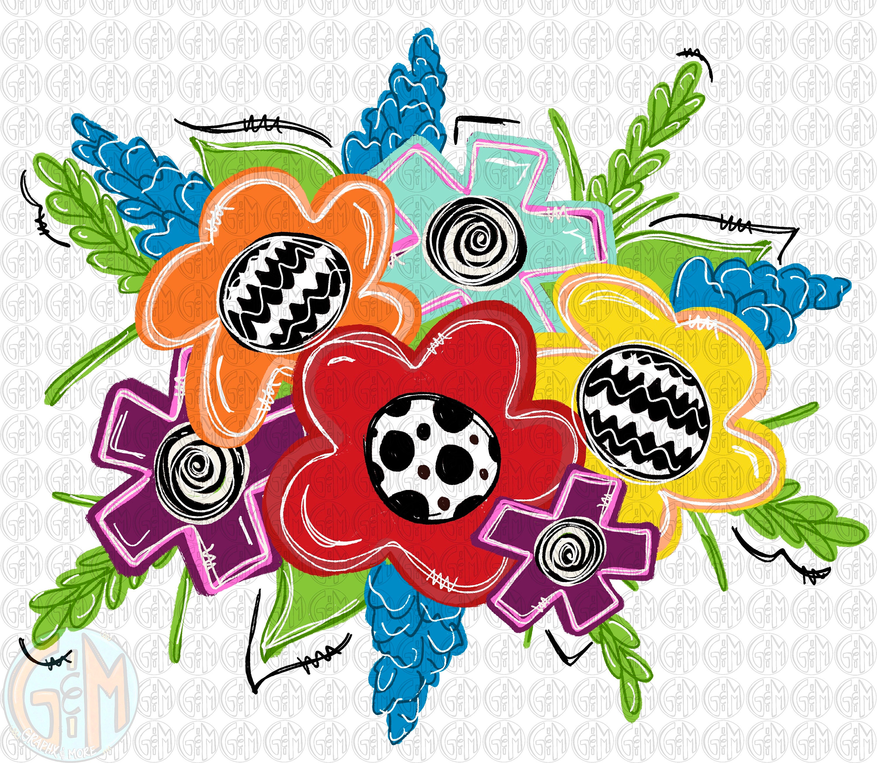 Bright Flowers PNG Hand Drawn Sublimation Design - Etsy