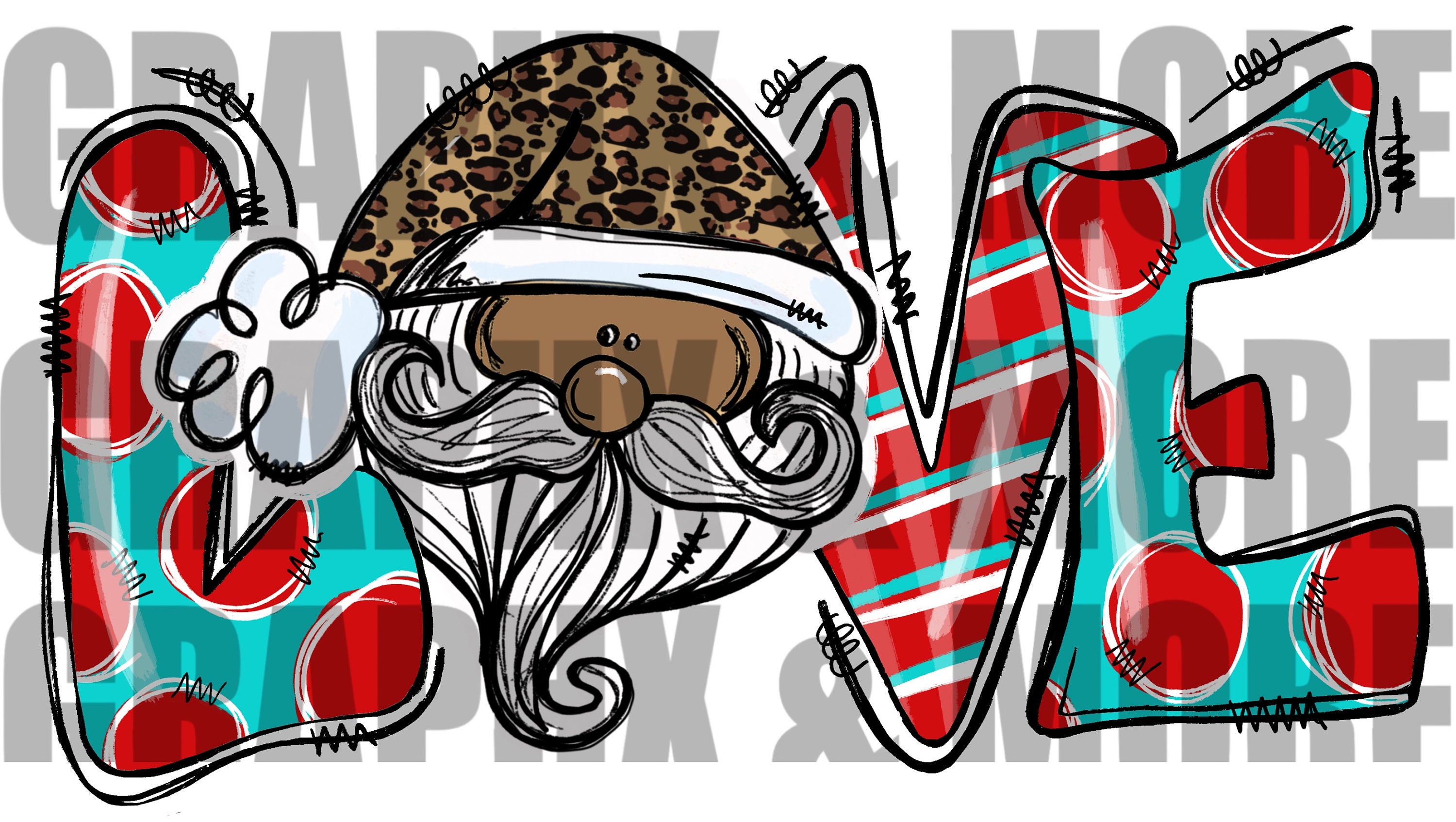 Love With Leopard Santa PNG 2 Variations Hand Drawn | Etsy