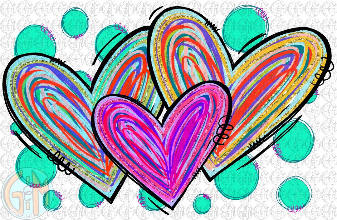 Heart Trio With Background PNG | Sublimation Design | Hand Drawn - Etsy