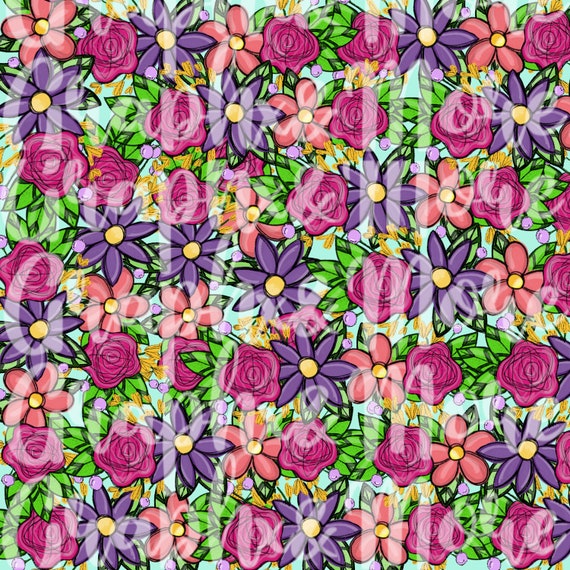 Bright Flowers Digital Paper PNG 12x12 JPG Hand Drawn | Etsy