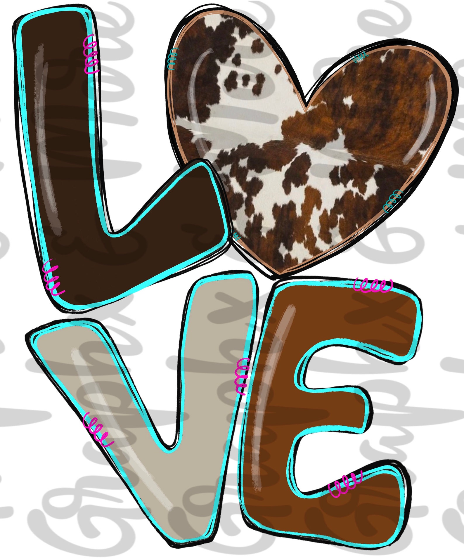 LOVE Cowhide Heart PNG | Sublimation Design | Hand Drawn - Etsy
