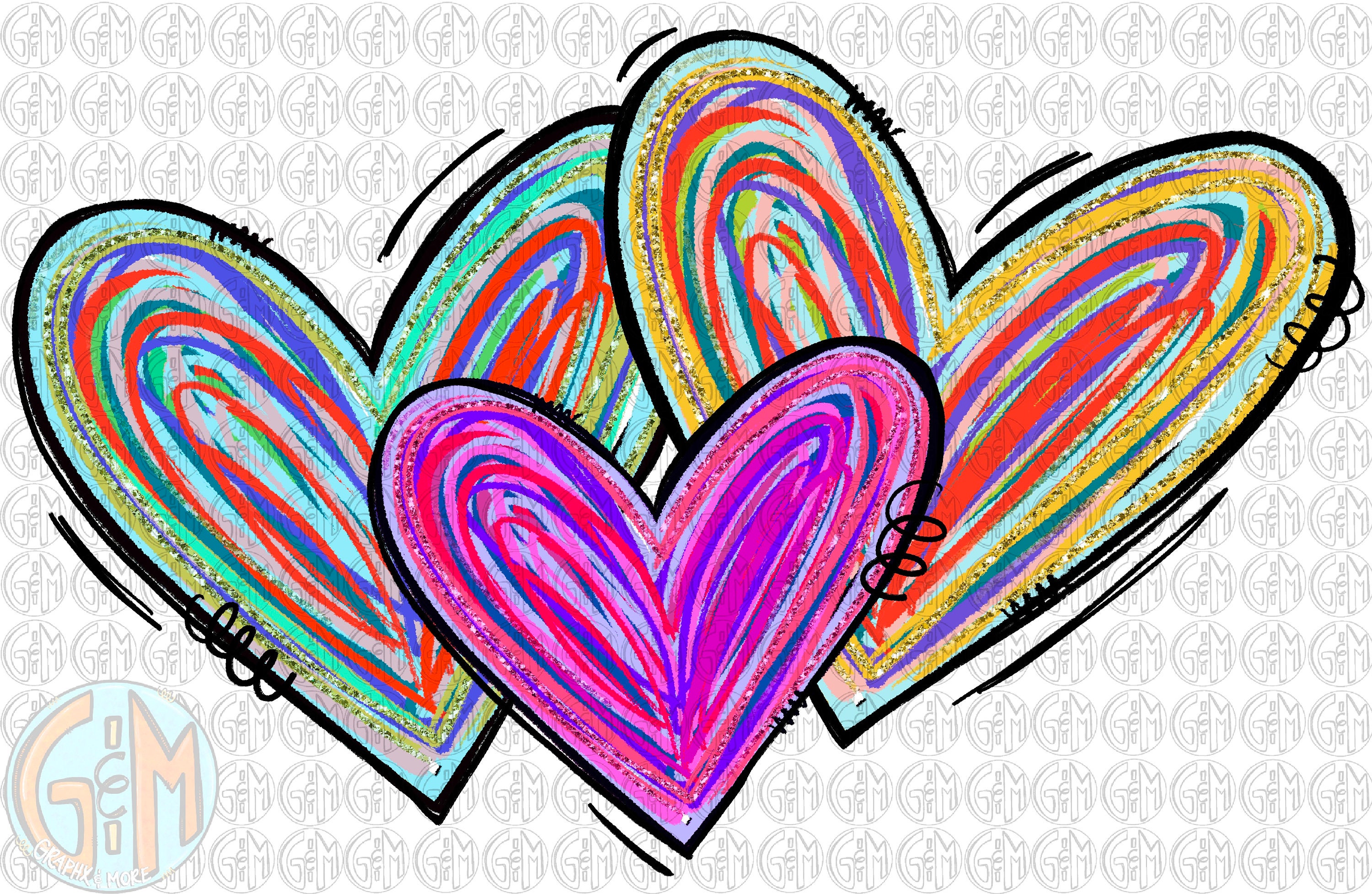 Colorful Heart Trio PNG Sublimation Design Hand Drawn - Etsy