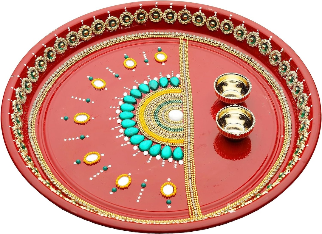 Aditri Creation Red Pooja Thali Plate Platter Decorative Stainless Steel Puja Thali With ...