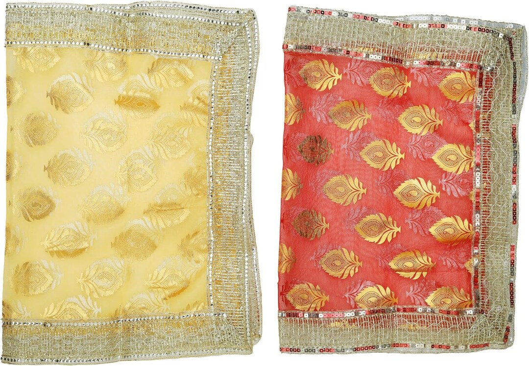 Aditri Creation Set of 2 Orange & Red Chunari Decorative Silk Cloth Puja Chunni Aasan Mat for ...