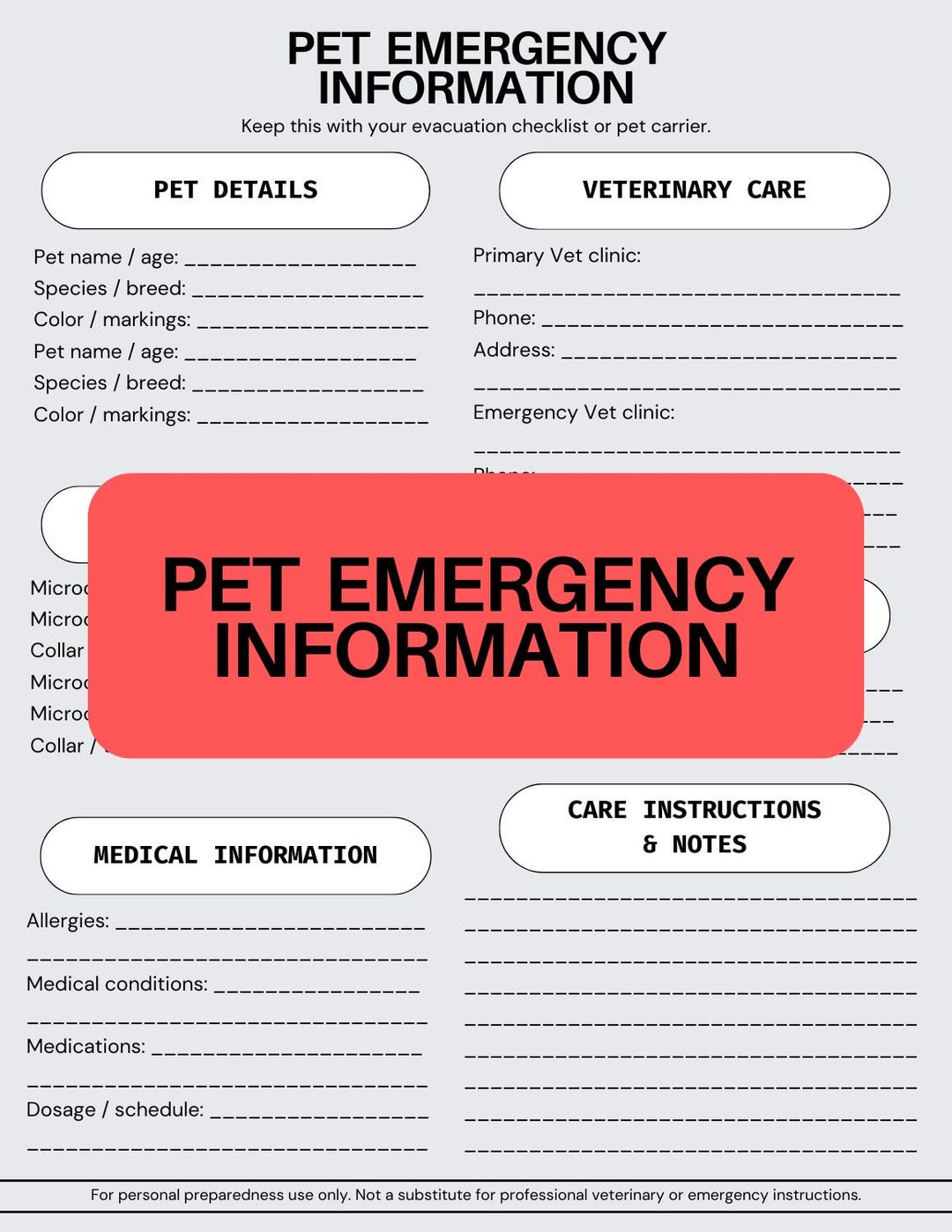 Pet Emergency Information Printable | Pet Preparedness Sheet ...