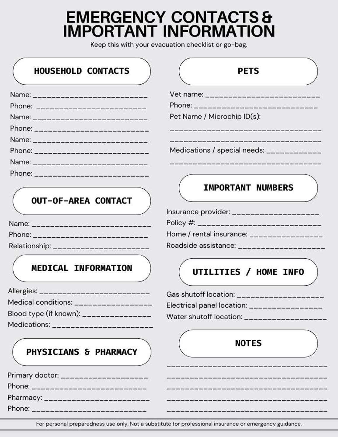 Emergency Contacts & Important Info Printable | Family Preparedness ...